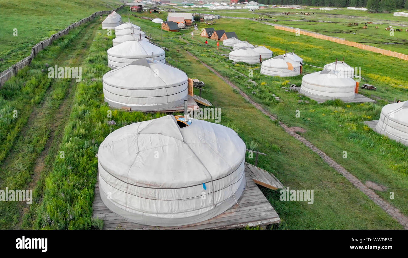 Aerial view of the Tsenkher Hot Spring Camping Site, Central Mongolia ...