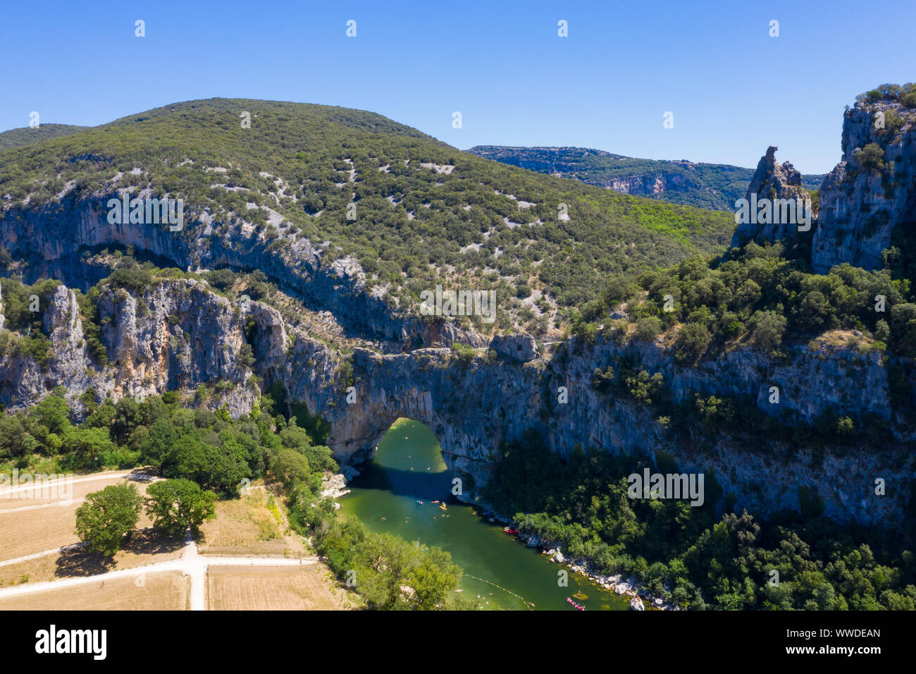 Aerial view of Narural arch in Vallon Pont D'arc in Ardeche canyon in ...