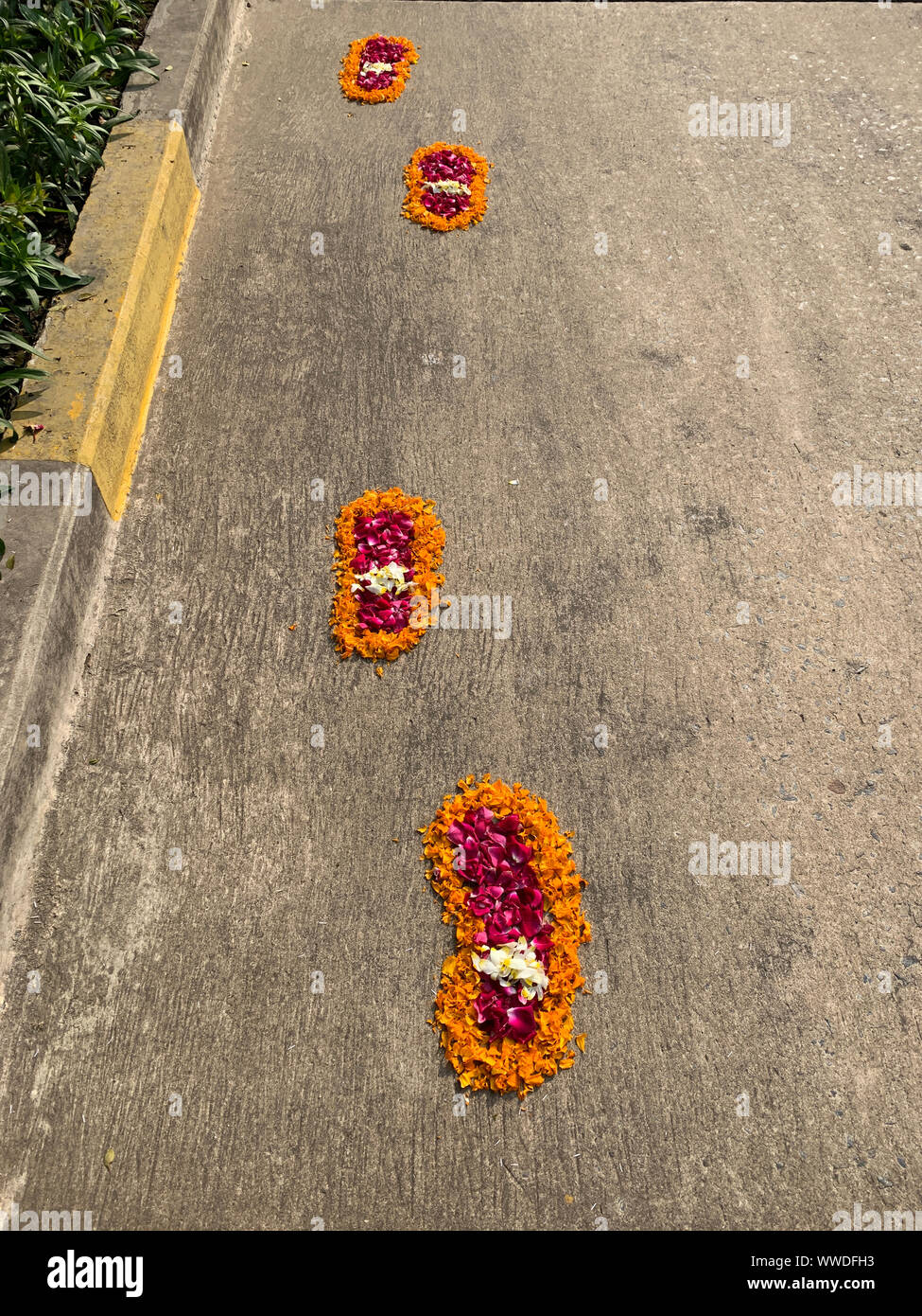 Traditional rangoli decorations in the road in the shape of footprints ...