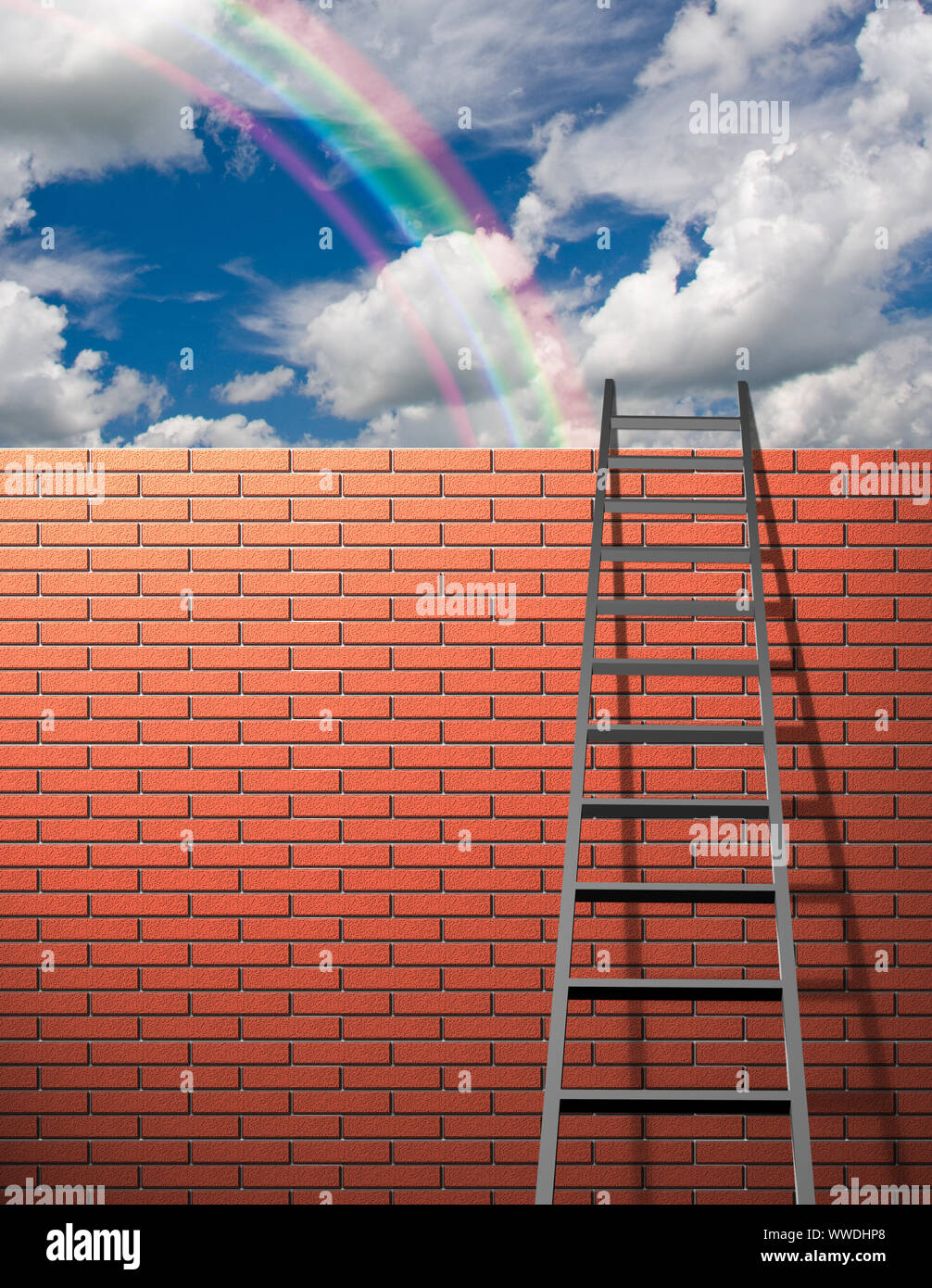 Ladder leans on wall. Rainbow in the sky Stock Photo - Alamy