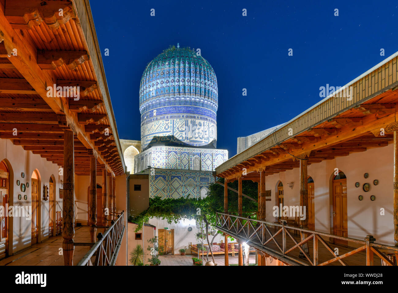 Bibi Khanym Mosque at night in Samarkand, Uzbekistan. In the 15th ...