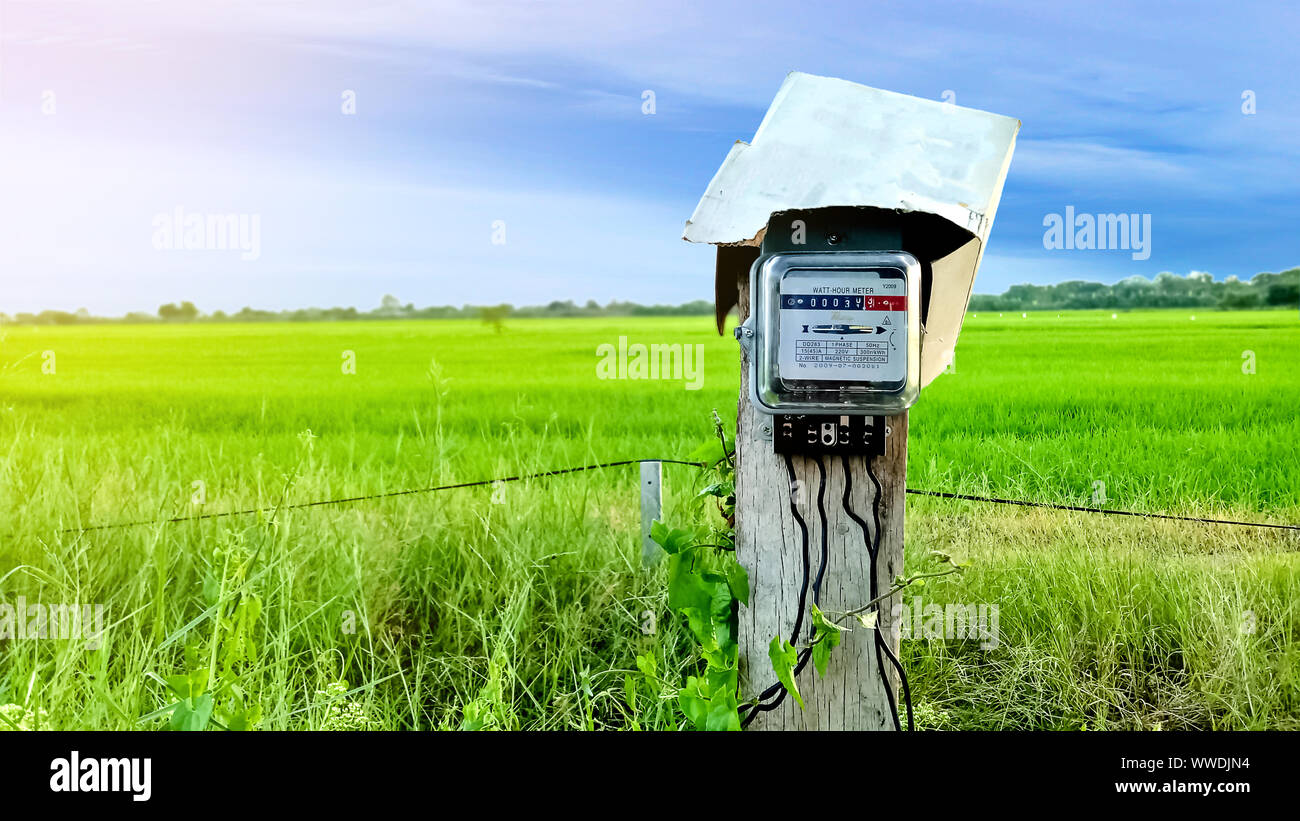 Concept Electric power meter high voltage post and nature of green in ...