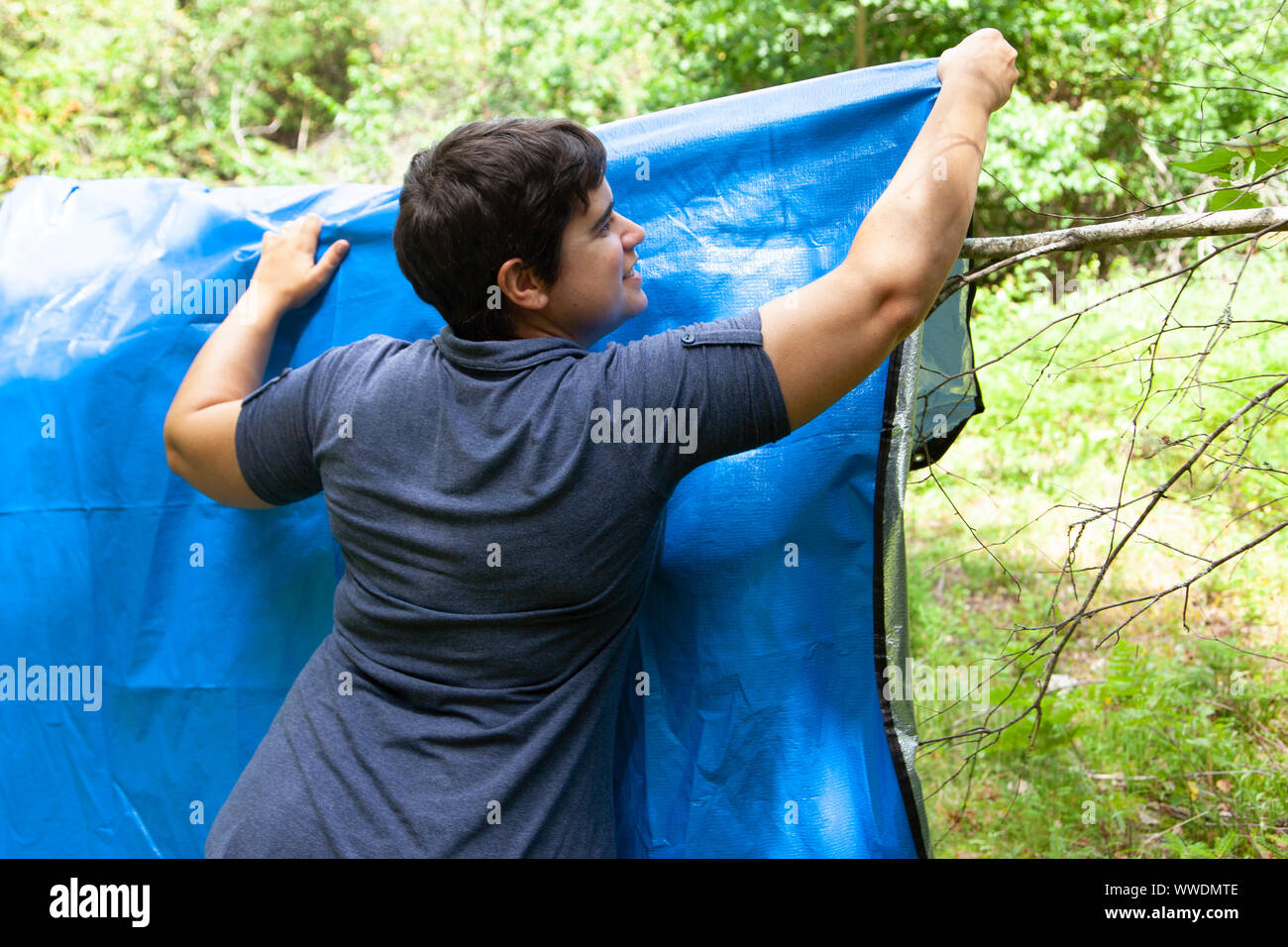 assembling a blue tarp in the forest to dry or cover Stock Photo - Alamy