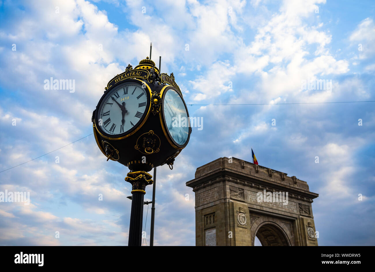 Public clock in King Mihai I park (Herastrau park) in Bucharest ...