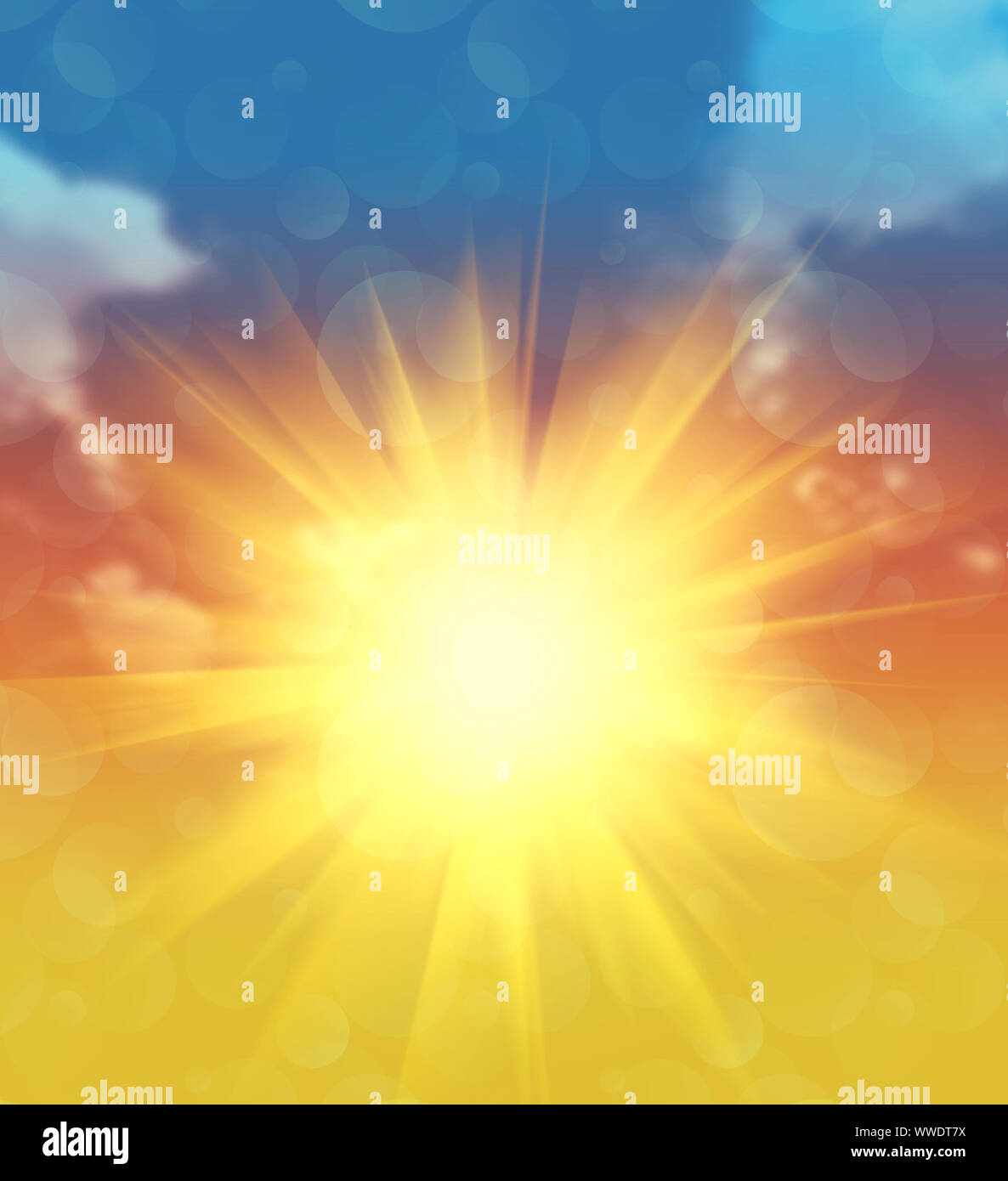 Bright big sun at sunset in the sky background Stock Photo - Alamy