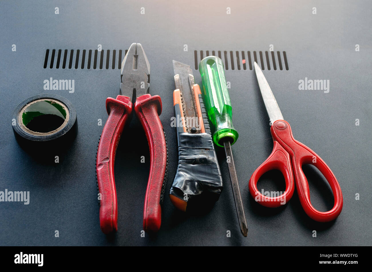 Set of Used electrical tools Professional for technician on top view on ...