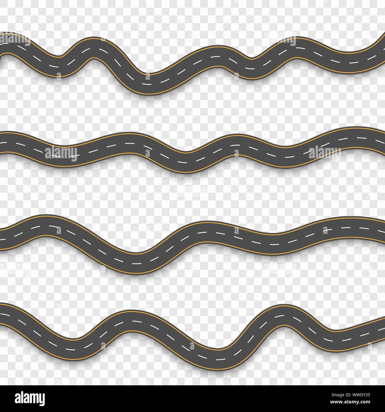 Roads with white stripes on a transparent background. Set curved routes ...