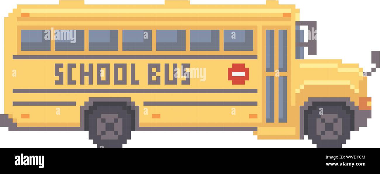 Pixel art 8 bit illustration - yellow children school bus isolated ...