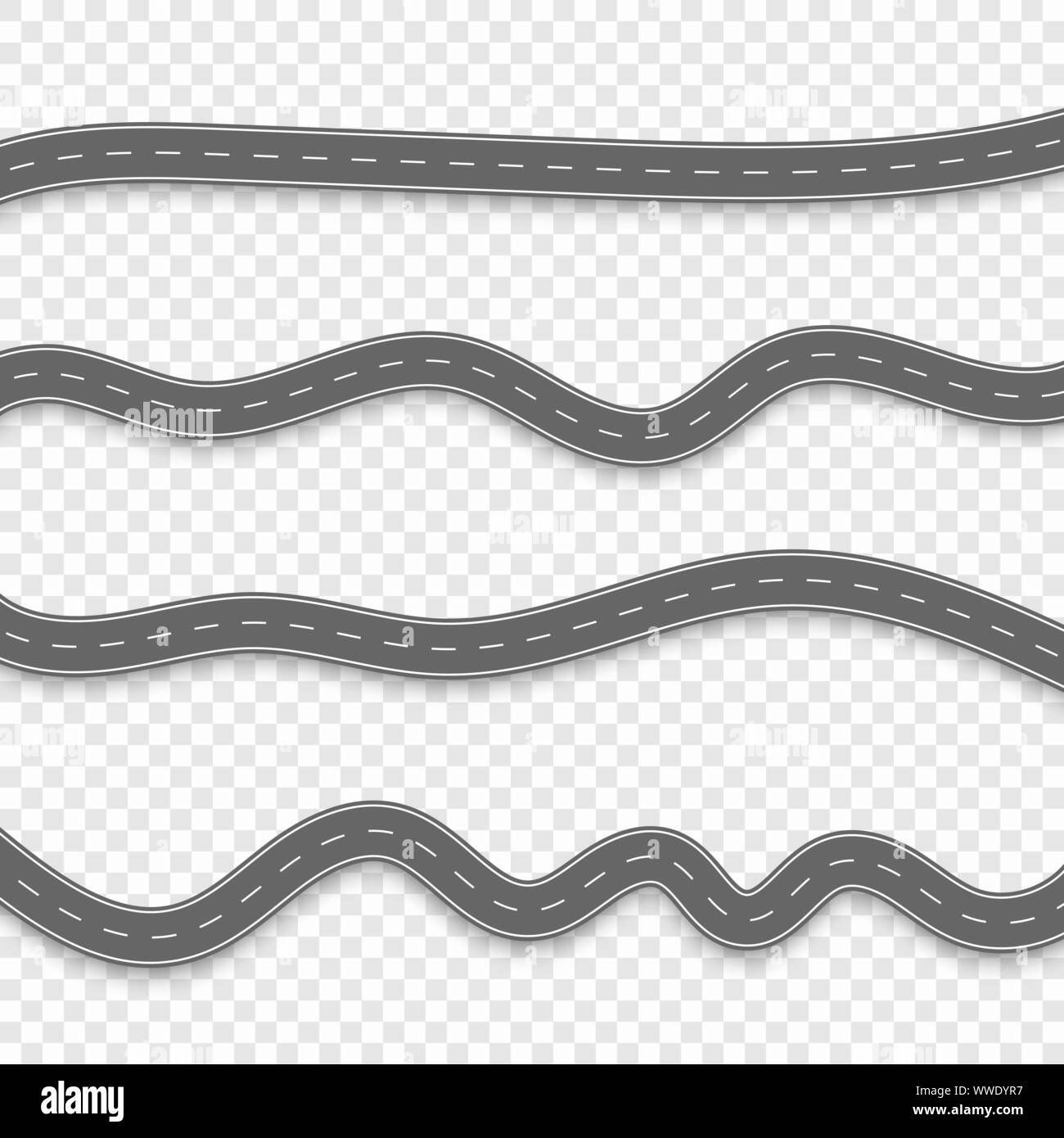 Roads with white stripes on a transparent background. Set curved routes ...