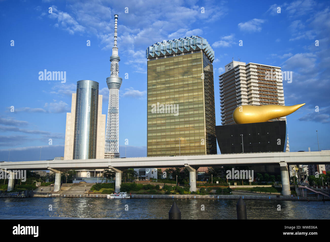 Skyline with the Tokyo Sky Tree and the Asahi beer tower at the east ...