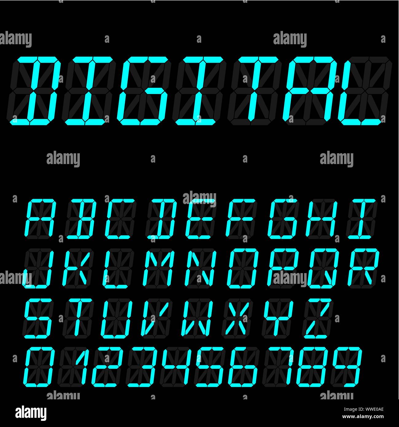 digital font signs made up from sixteen segments on dark background ...