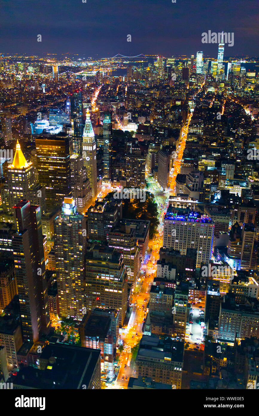 Night panorama of Manhattan in New York City taken from above, USA ...