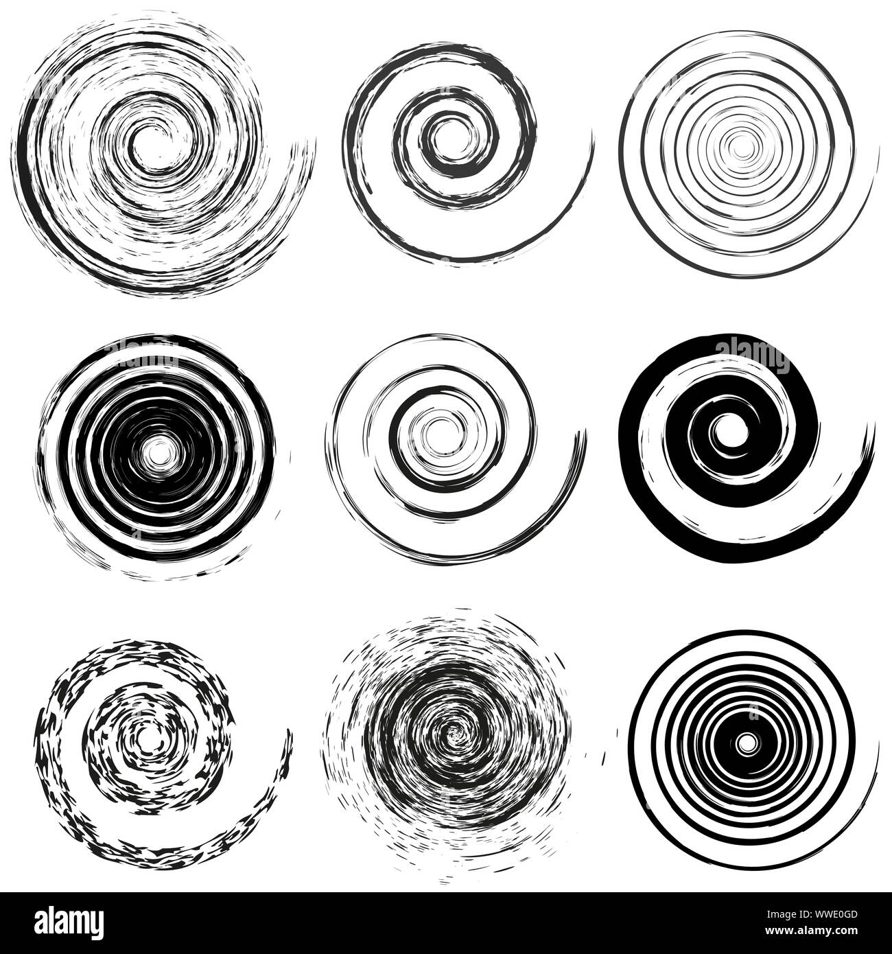 Set of spiral and swirl handdrawn motion elements, black isolated ...