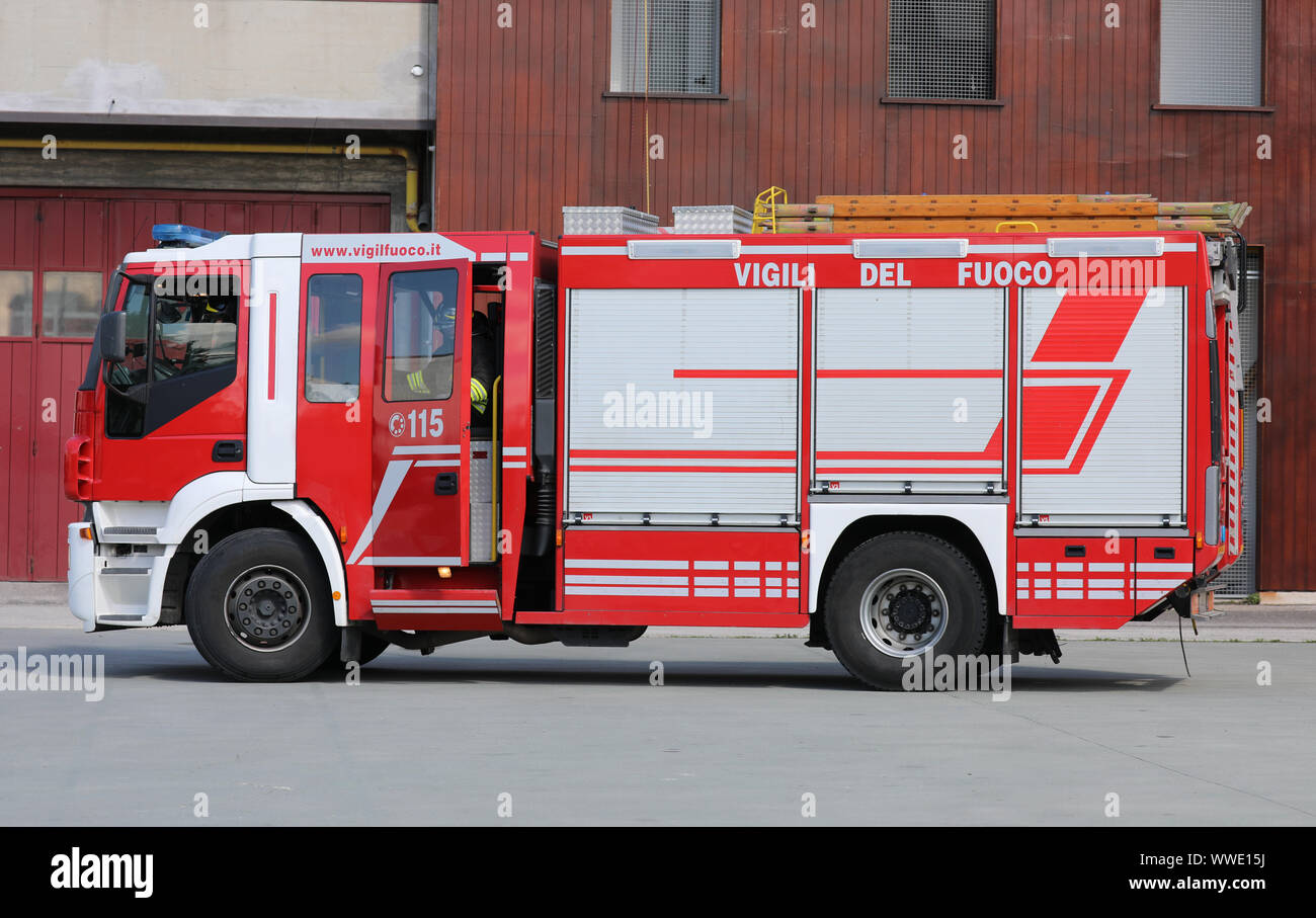 Rome, RM, Italy - May 16, 2019: big red fire engine fire engine during ...