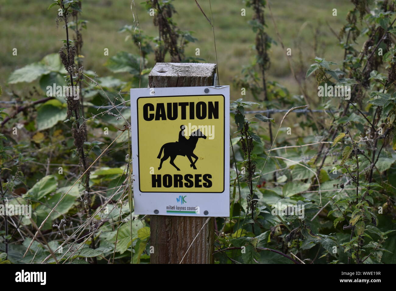 This is a warning sign: "Caution Horses Stock Photo - Alamy