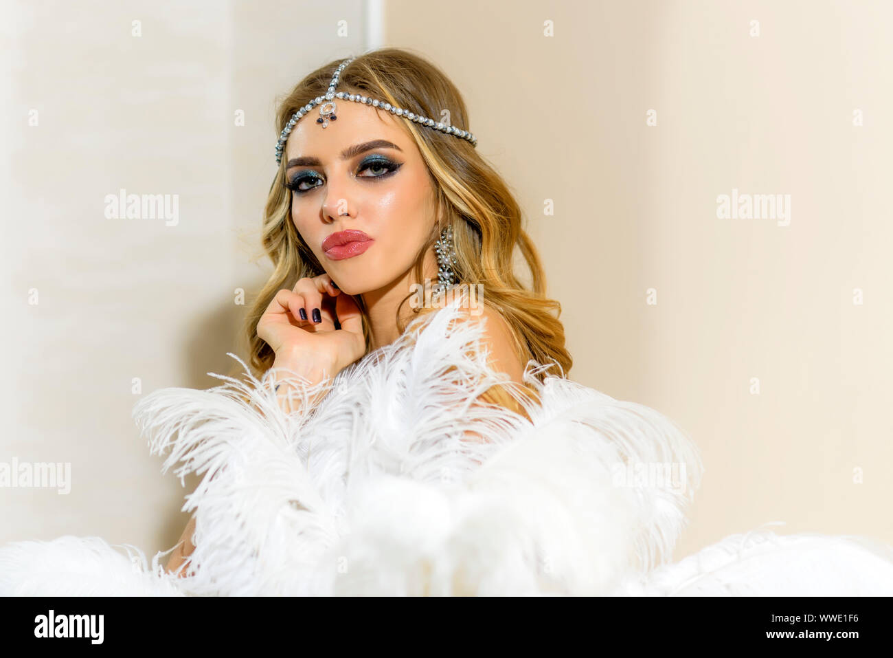 Sensual woman in trendy clothing, trend concept. Girl with retro ...