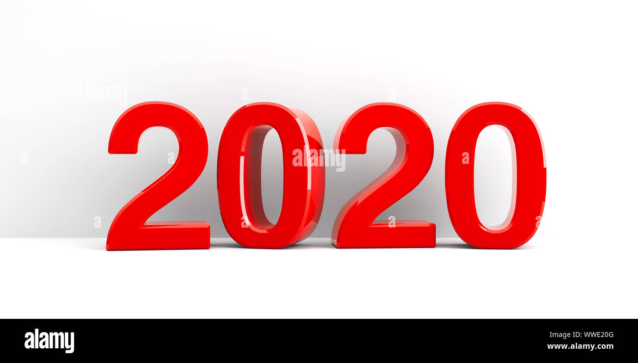Red 2020 symbol, icon or button on white wall, represents the new year ...