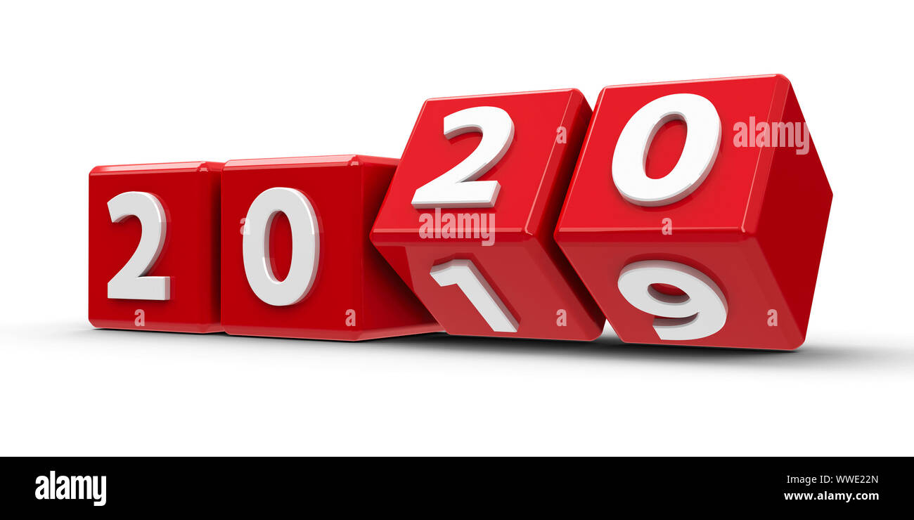 Red cubes with 2019-2020 change on a white table represents the new 2020, three-dimensional ...