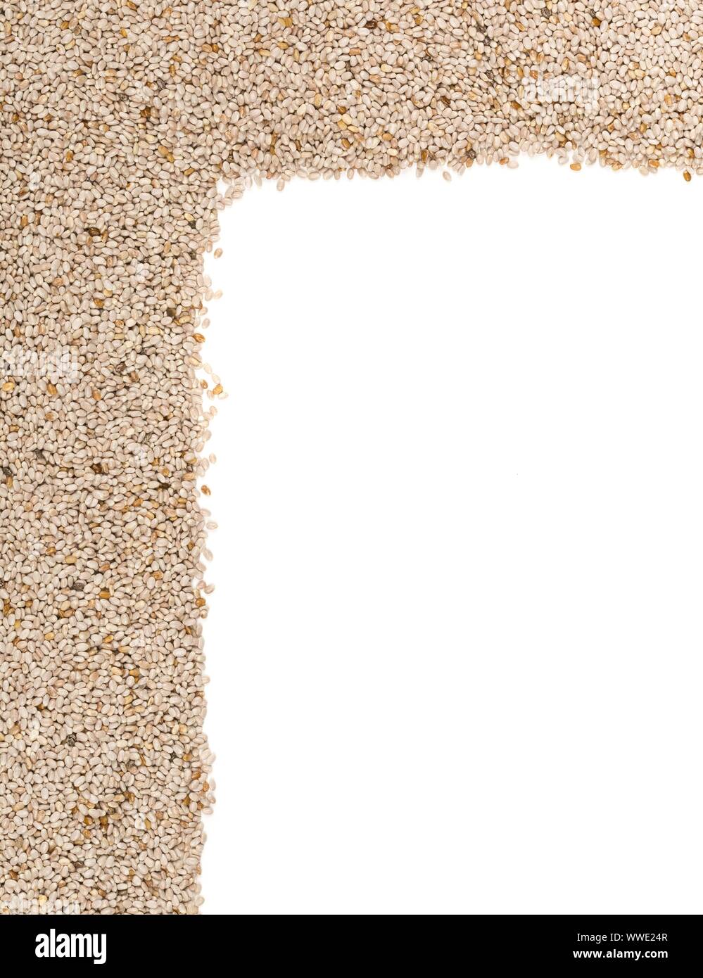 Whole, organic white chia seeds texture border background top view from ...
