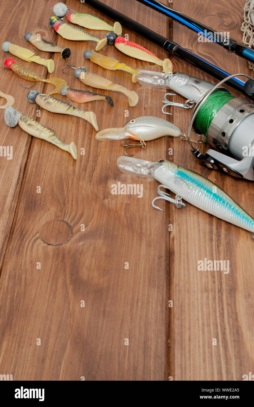 KYIV- JAN 6, 2019: Fishing tackle - fishing spinning, hooks and lures ...