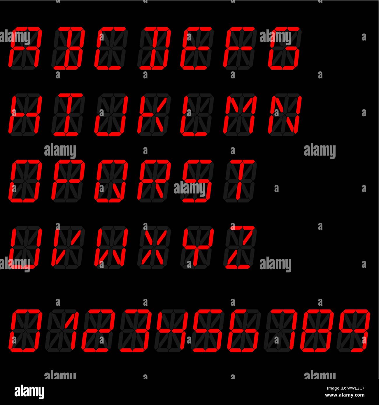 digital font signs made up from sixteen segments on dark background ...