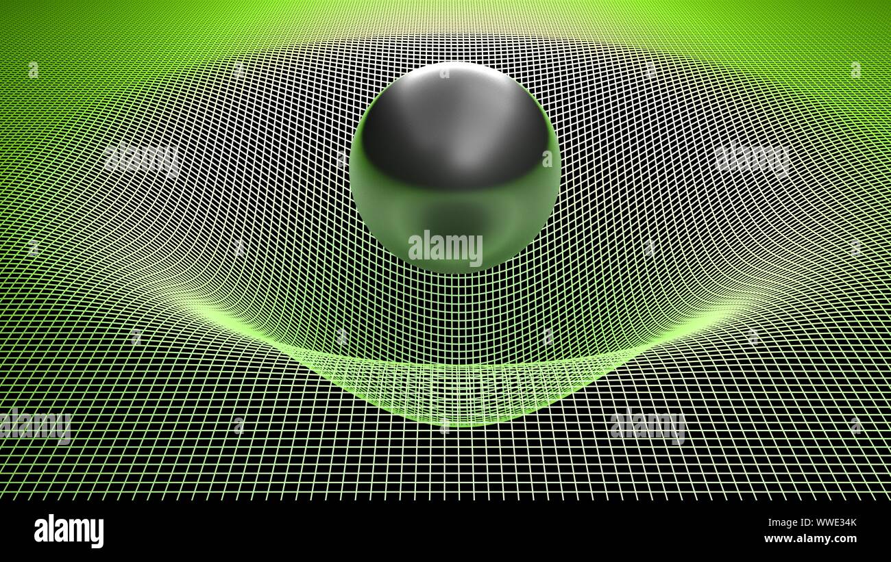 Black glossy sphere over a curved grid - 3D rendering illustration ...