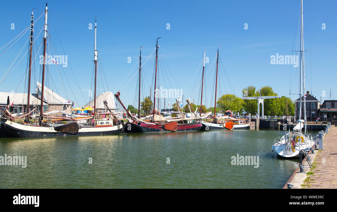 Historic ships in the harbor of Stavoren, Friesland, Netherlands Stock ...