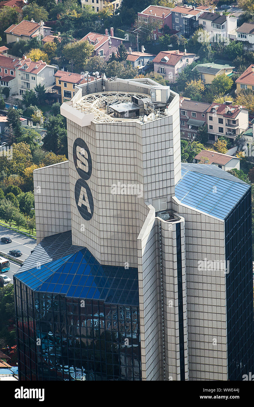 Sabanci Center's top floor with conglomerate's logo. Sabanci Center was ...