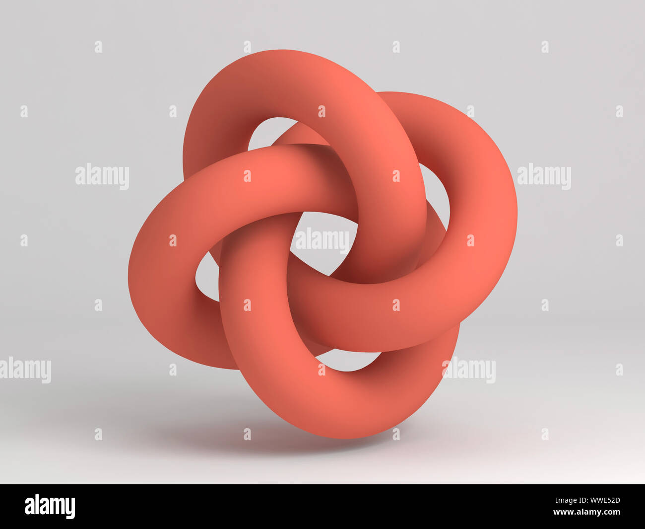 Geometric representation of a torus knot. Abstract red object on white ...