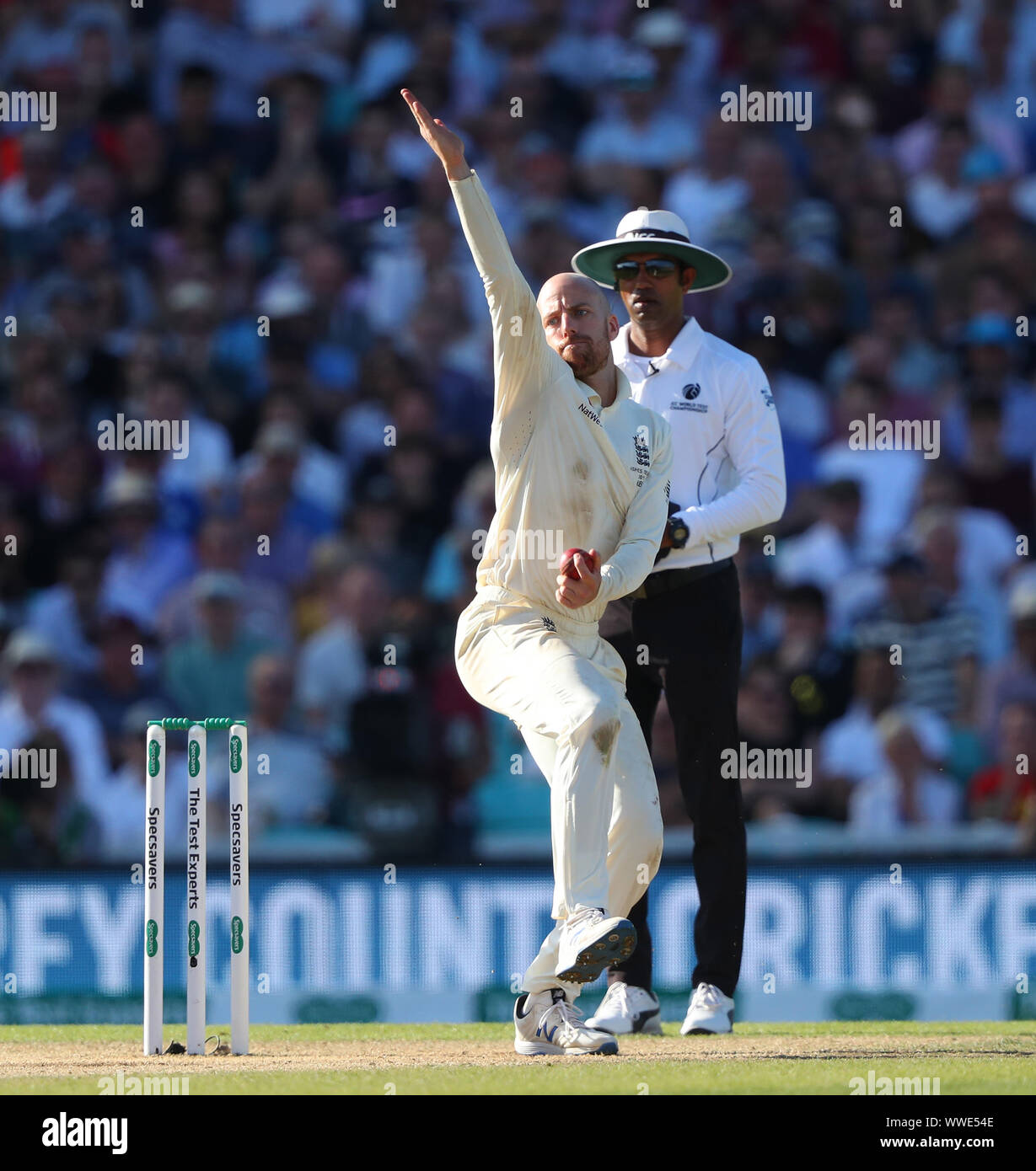 London, UK. 15th Sep, 2019. Jack Leach of England bowling during day ...