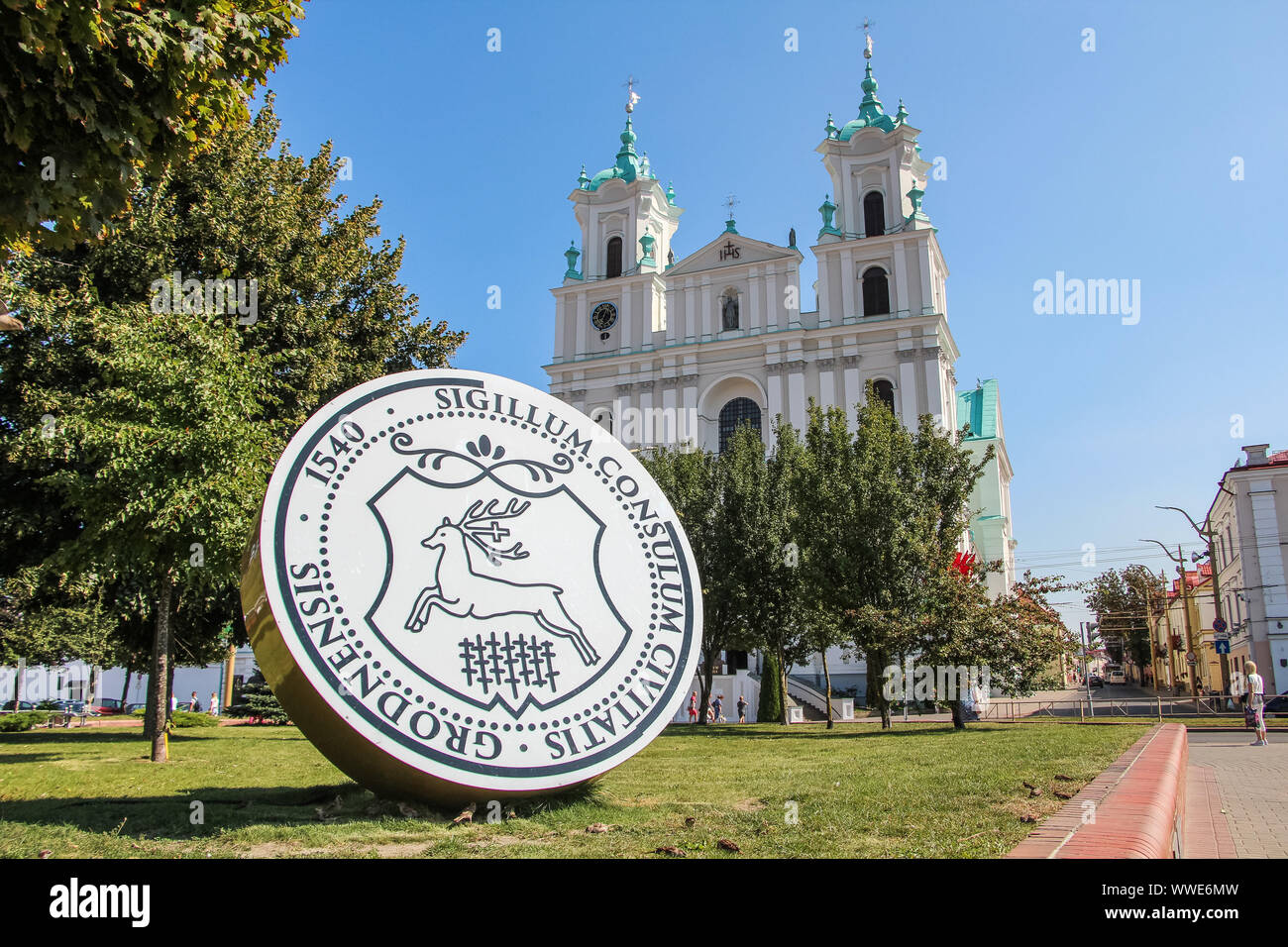 Historical Hrodna coat of arms in front of the Jesuit Cathedral of ...