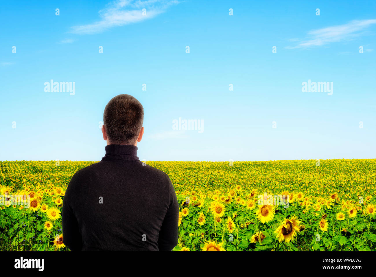 Man wearing a black top with back to camera facing out towards a ...