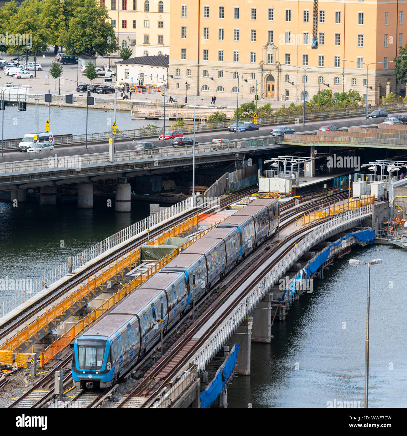Stockholm, Sweden. September 2019. The aerial view of the metro train ...