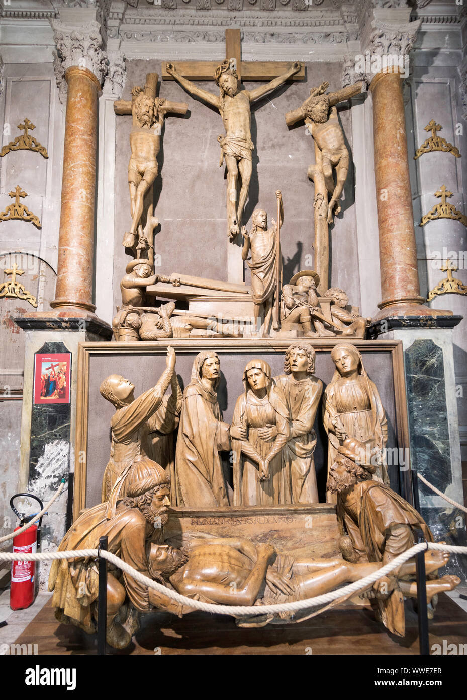 C16 Wood carving depicting the crucifixion, entombment and resurrection ...