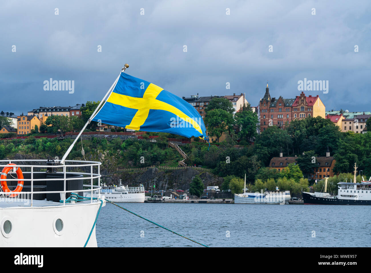 Stockholm, Sweden. September 2019. the Swedish flag waving on a boat ...