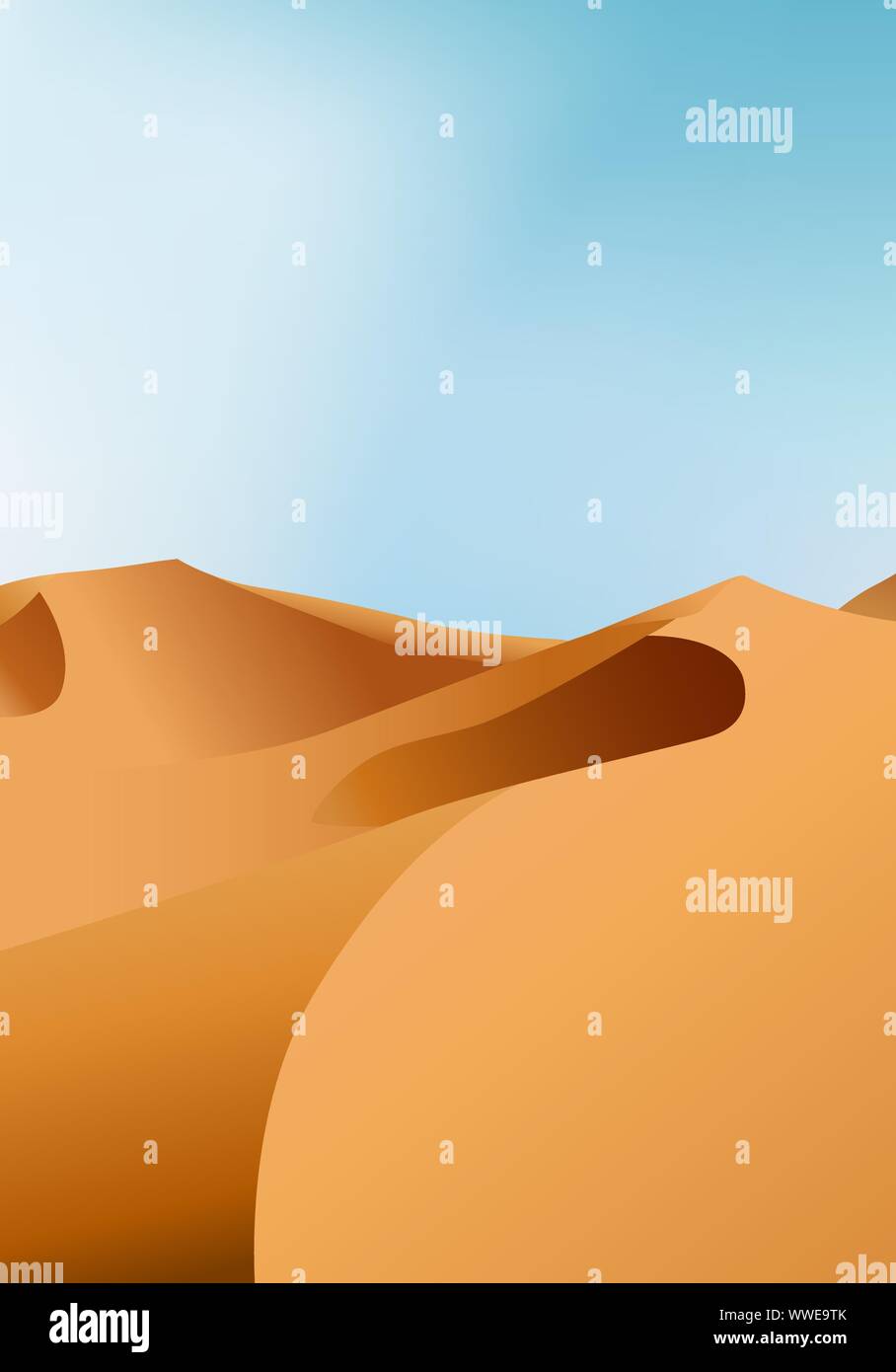 Vertical endless dry desert landscape with sand dunes and clear blue ...