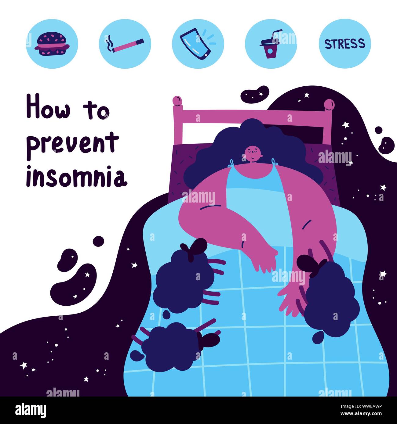 A woman who has overcome insomnia lying in bed Stock Vector Image & Art ...