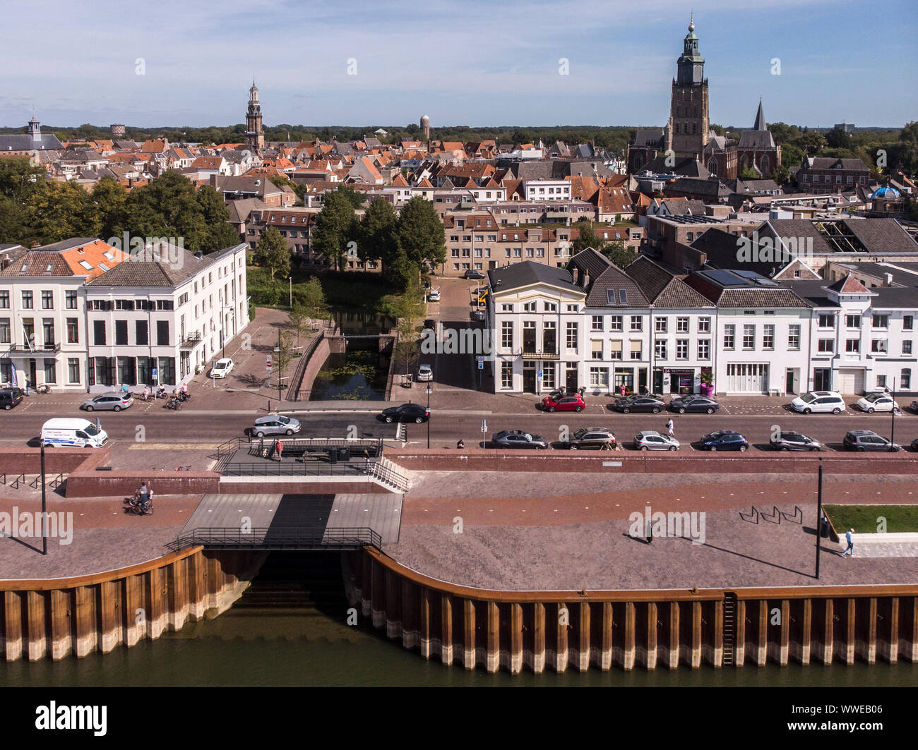 Aerial cityscape on a Hanseatic Dutch medieval town seen from the river ...