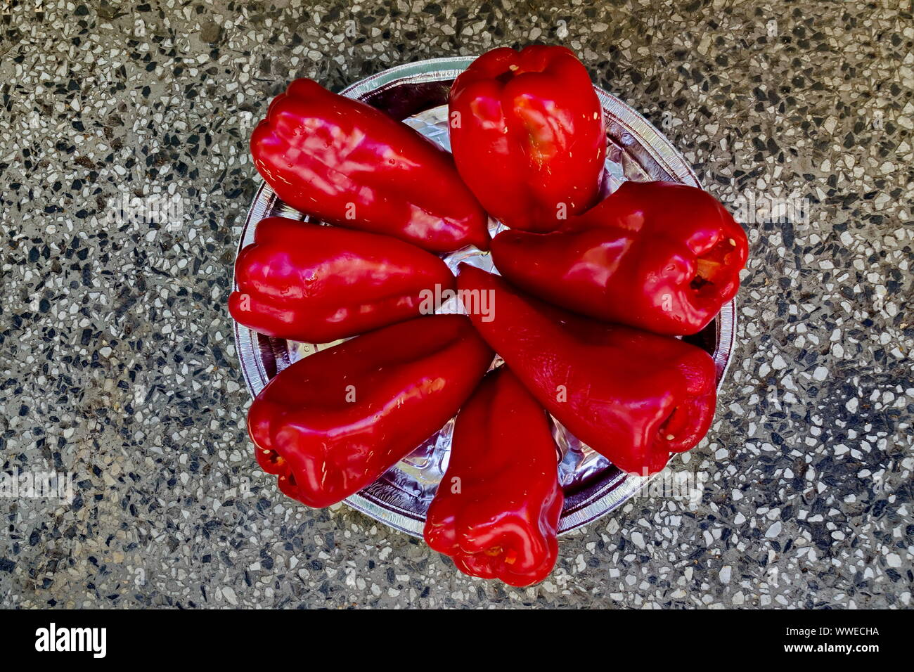 Group red, raw, ripe peppers, paprika or Capsicum seedless, ready for ...