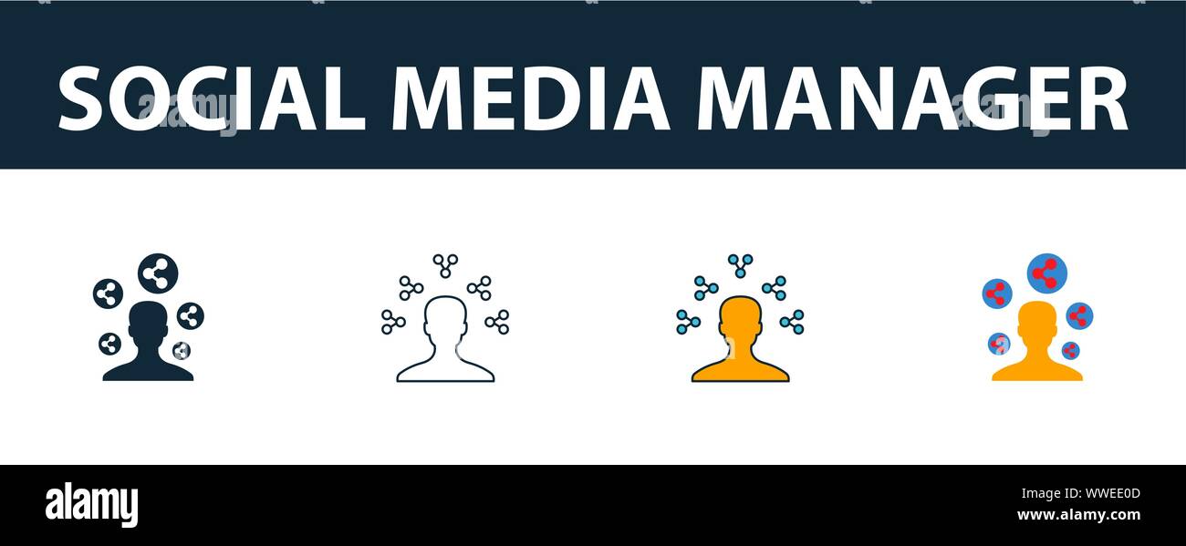 Social Media Manager icon set. Four simple symbols in diferent styles ...