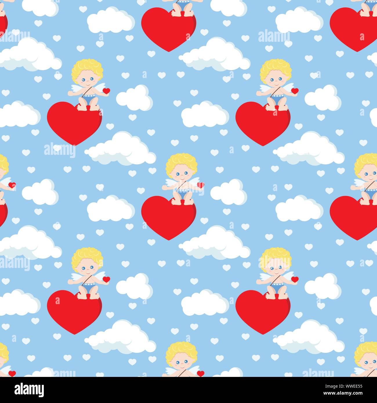 Vector seamless romantic pattern with cute cupid sitting on heart Stock ...
