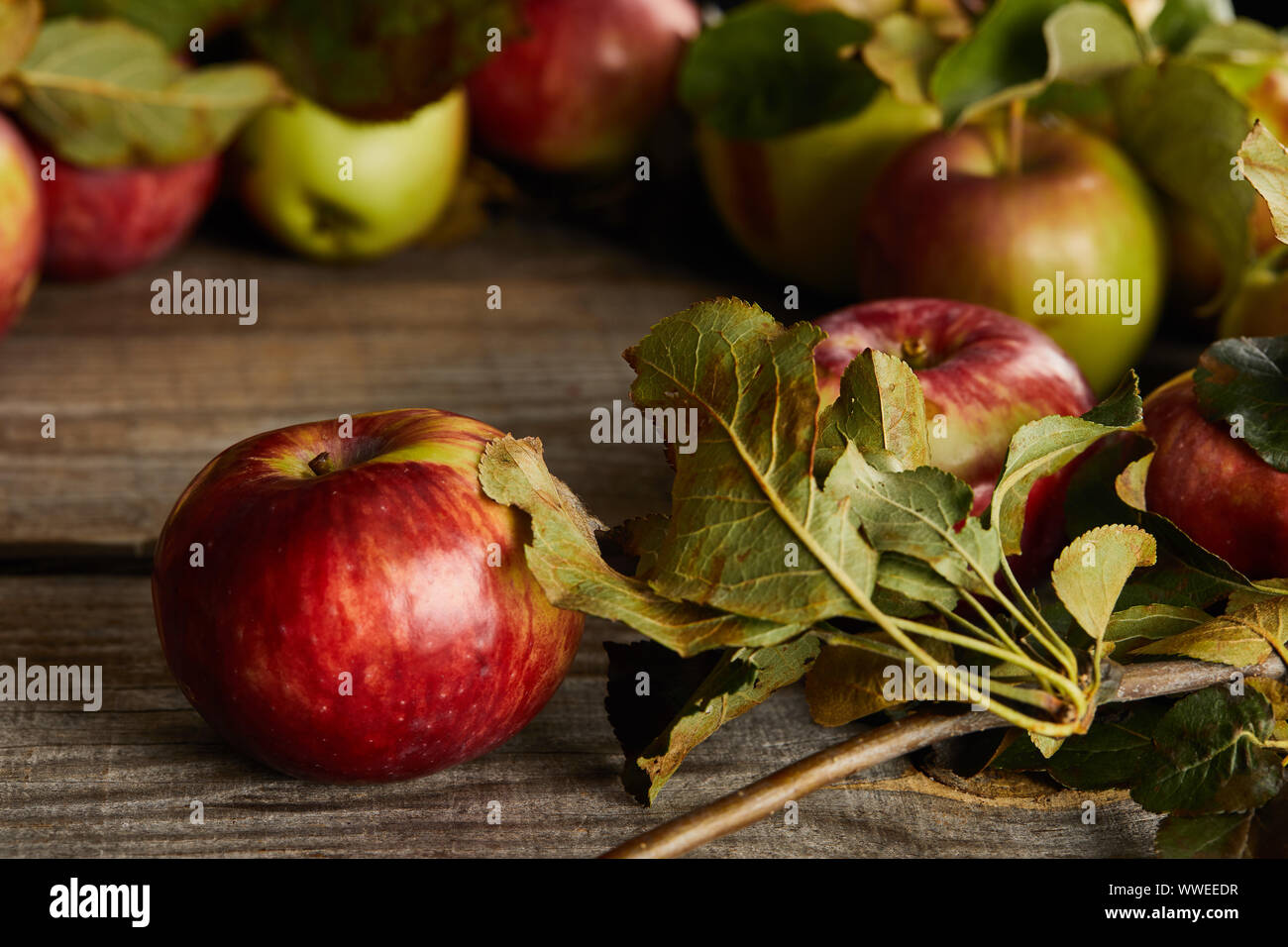 wooden surface with apples and leaves Stock Photo - Alamy