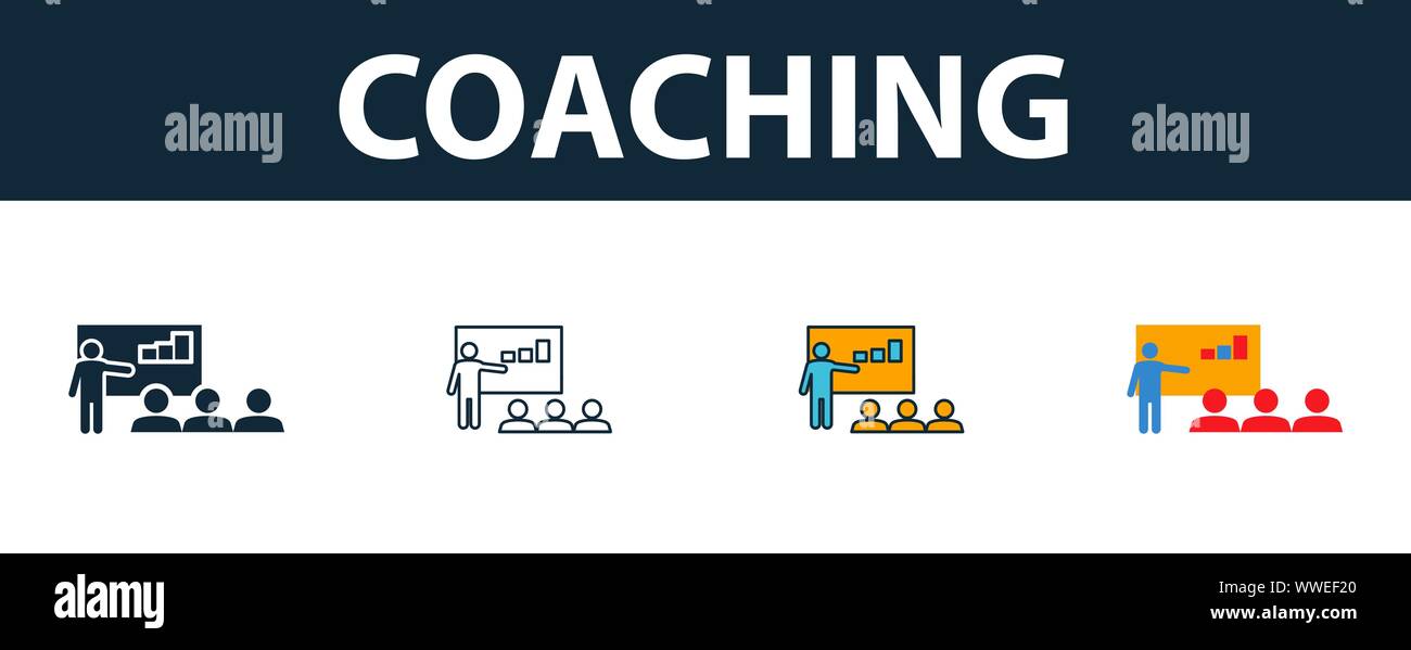 Coaching icon set. Four simple symbols in diferent styles from soft skills icons collection ...