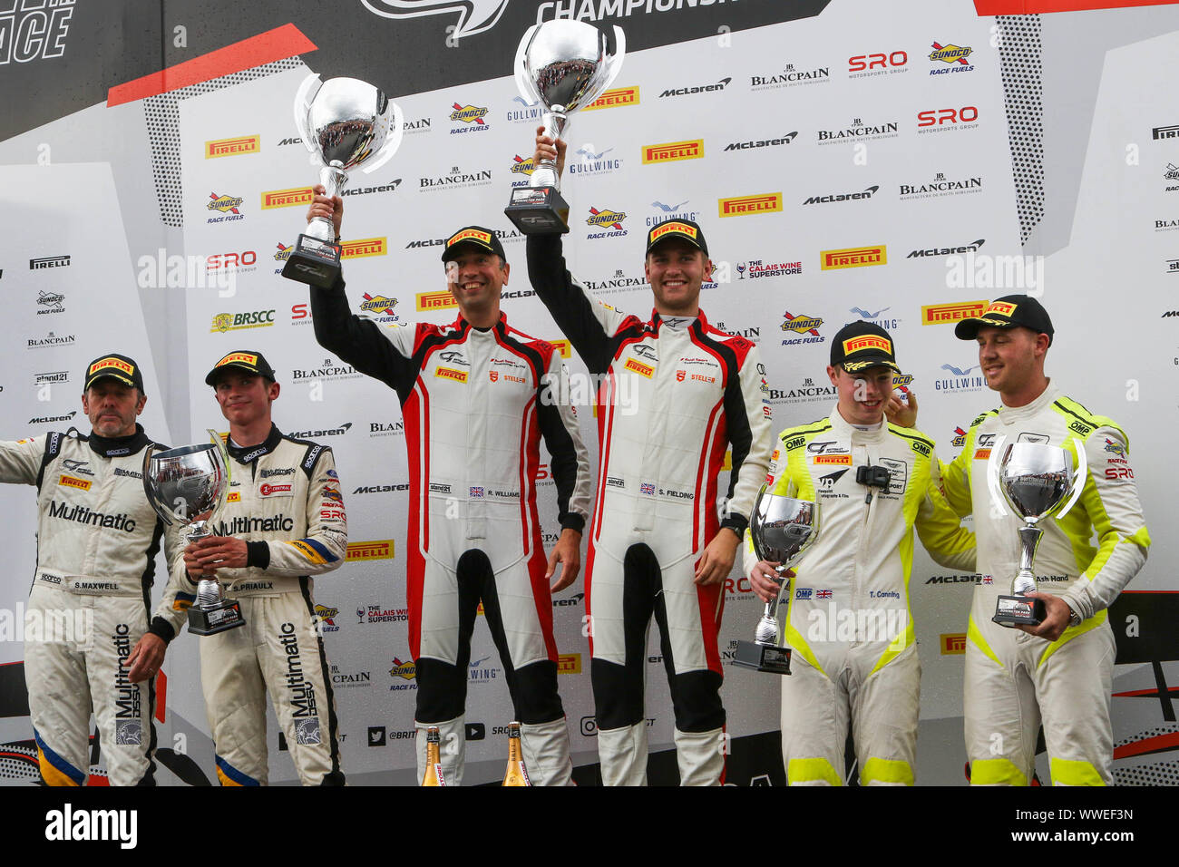 Derby, UK. 15th Sep, 2019. GT4 podium with left to right #2 Multimatic ...