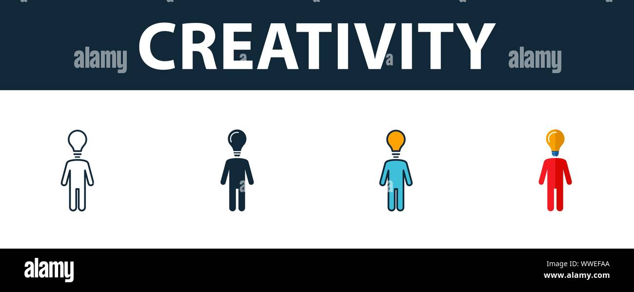 Creativity icon set. Four simple symbols in diferent styles from soft ...