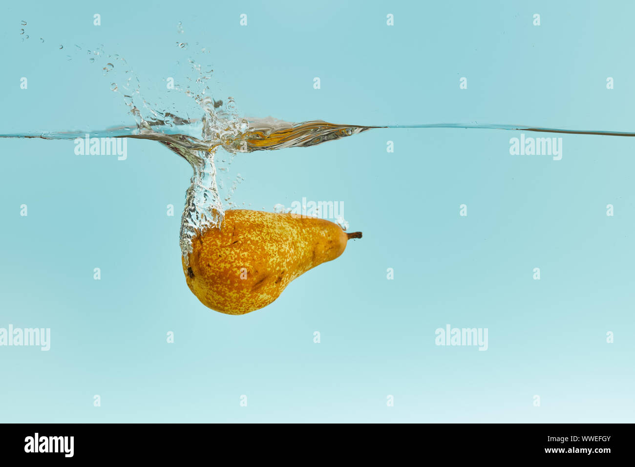 ripe pear falling deep in water with splash on blue background Stock ...