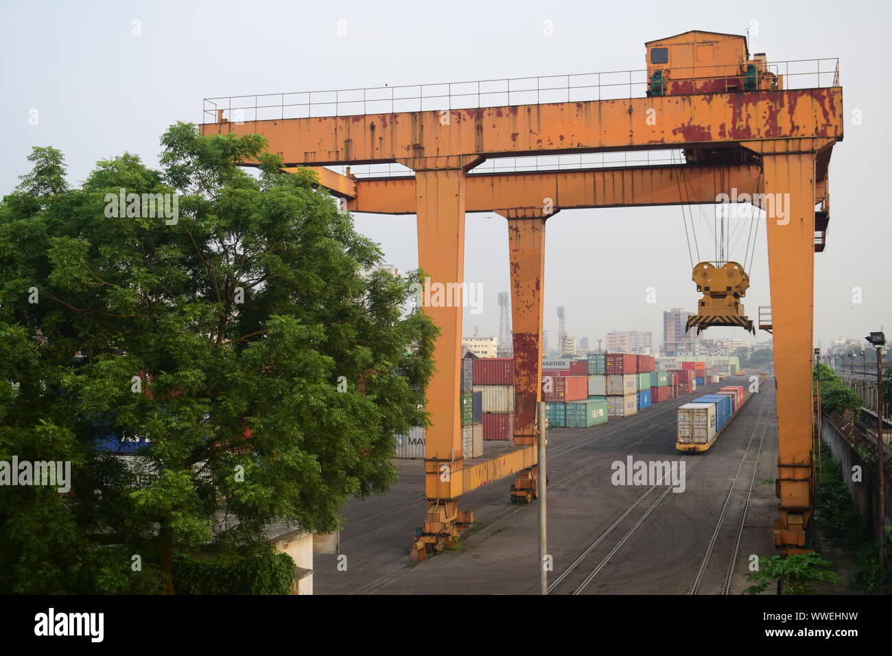 Huge sized liver for lifting container in dockyard of komolapur railway ...