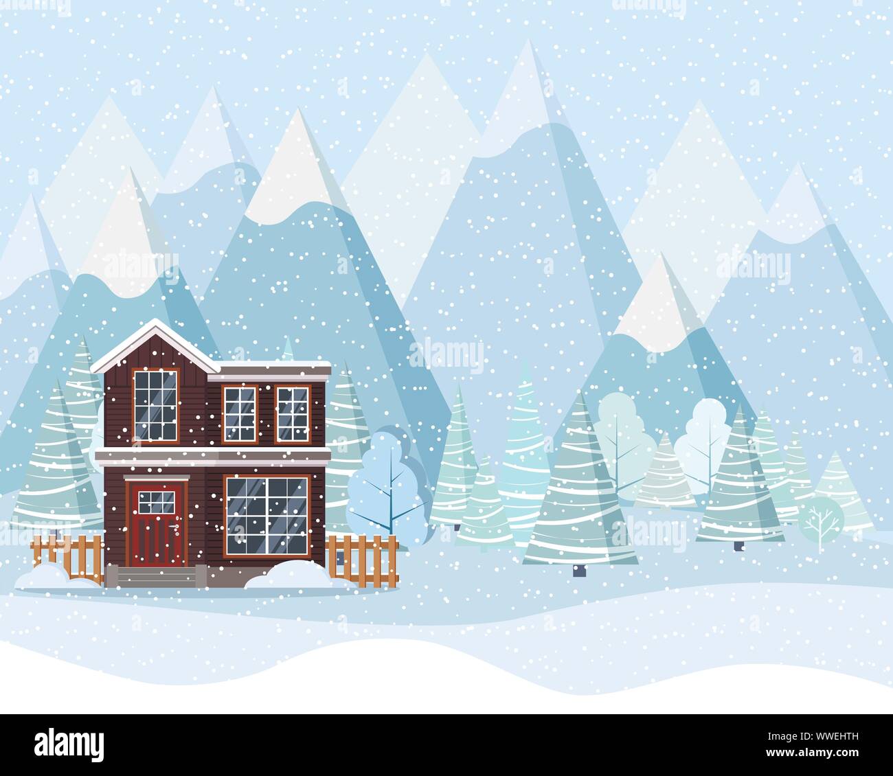 Winter landscape with country house, winter trees, spruces, mountains ...