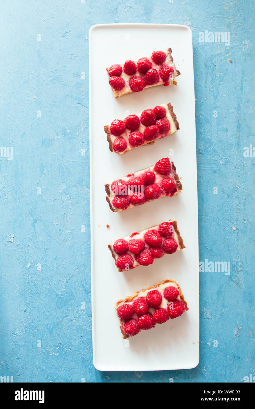 Raspberries rectangular shaped tart, top view, white background Stock ...