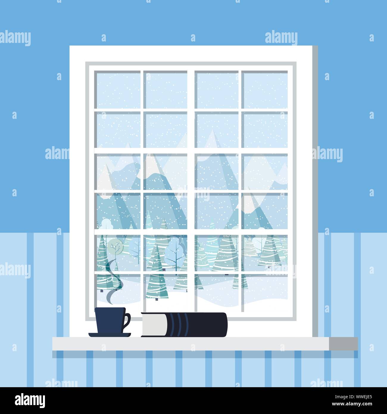 White room window frame with cup and book on the windowsill in cartoon ...